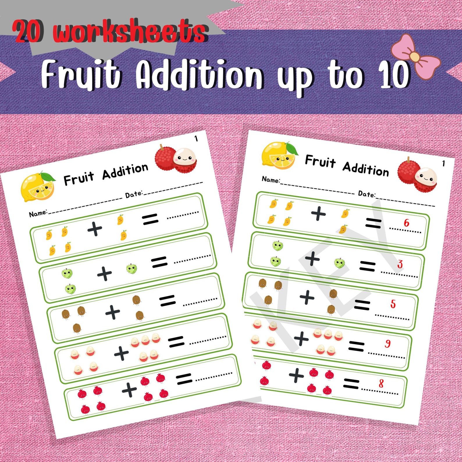 Addition up to 10 With Fruit Worksheets. - Etsy
