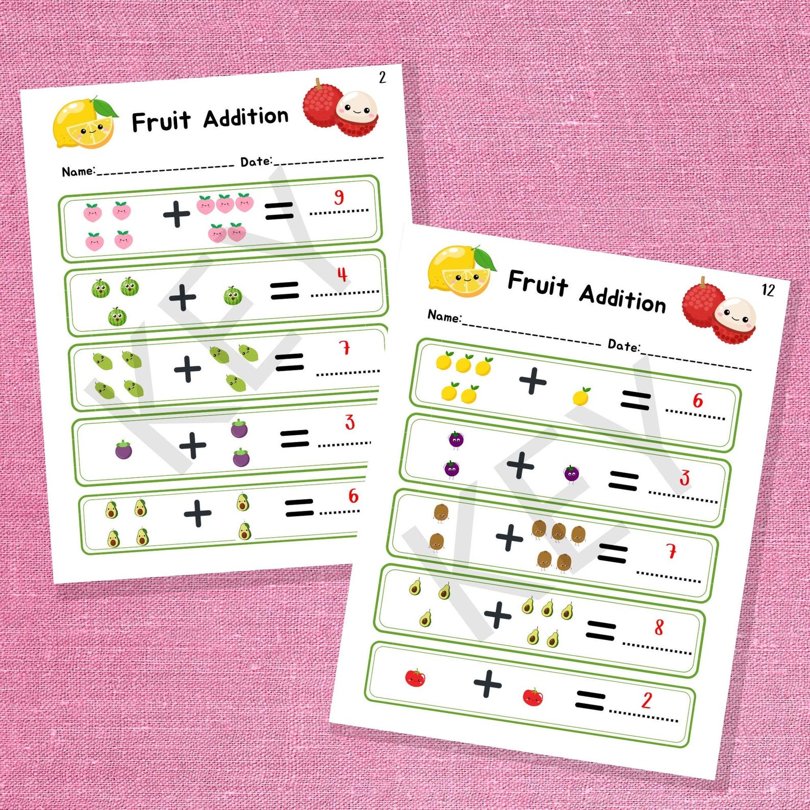 Addition up to 10 With Fruit Worksheets. - Etsy