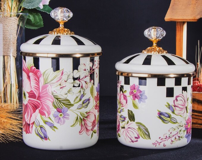 Checker With Flower Vintage Enamel Jar , Your Sugar Spice Cookie Jar - Etsy