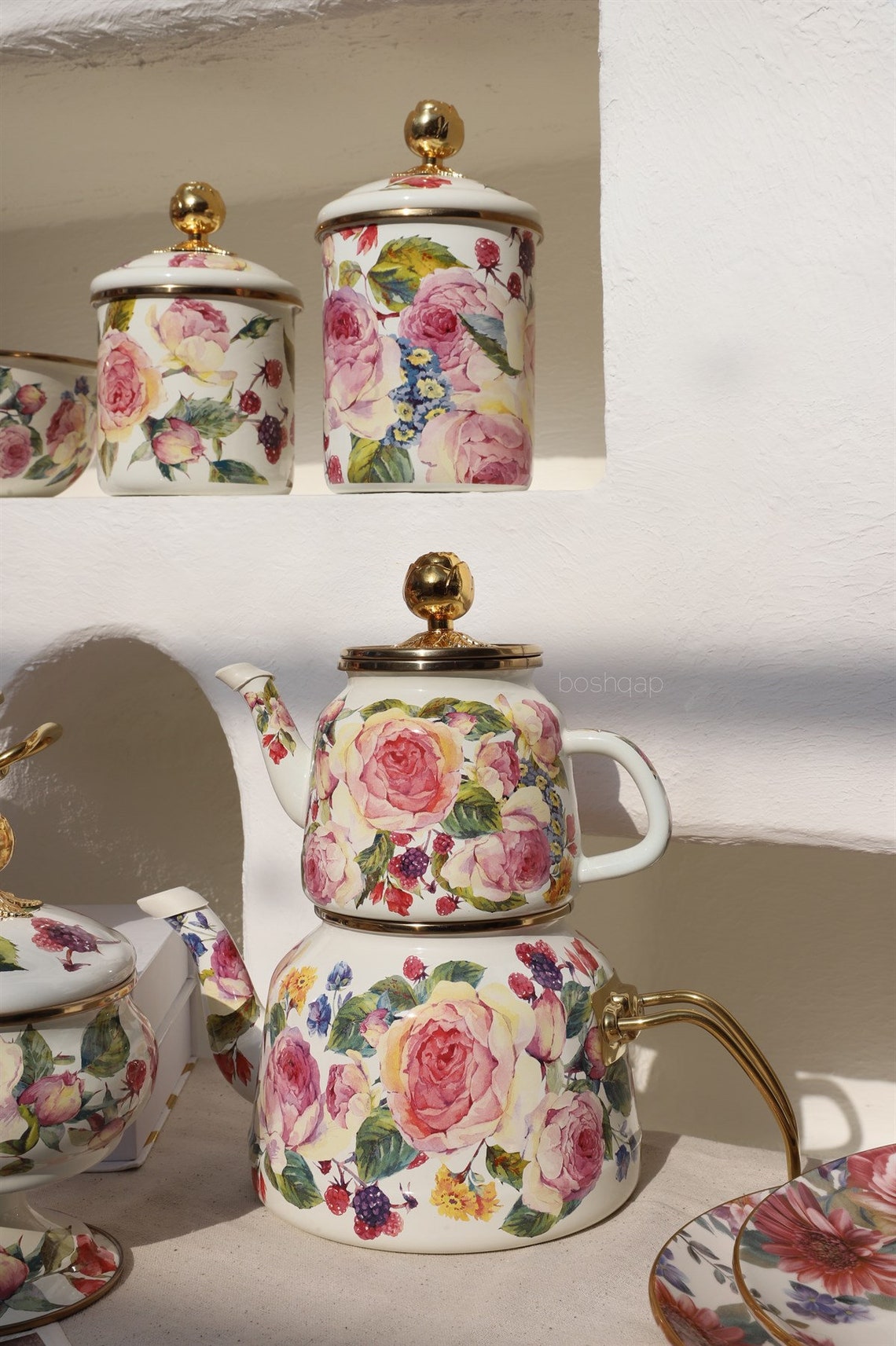 Golden Rose Pink Enamel Teapot, Tea Time Service, Lower Upper Section ...