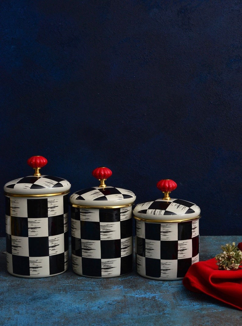 Checkered Enamel 3-piece Jar Set - Etsy