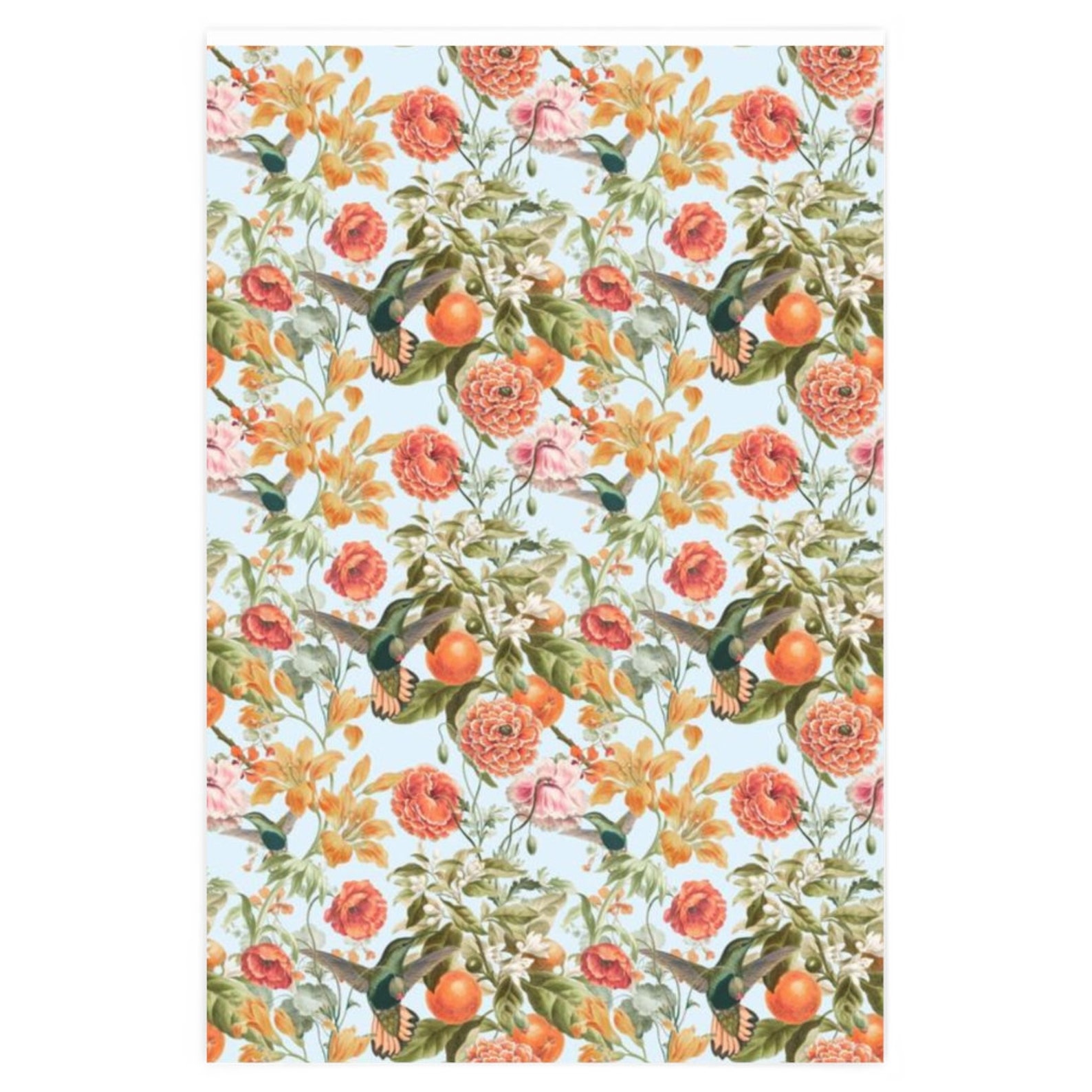 Floral Wrapping Paper With Oranges Flowers and Hummingbirds - Etsy