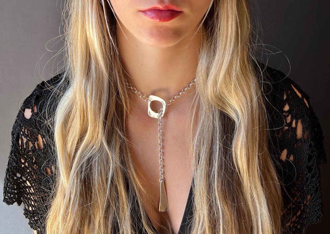 Silver Lariat Necklace: Adjustable Rolo Chain, Hypoallergenic Statement ...