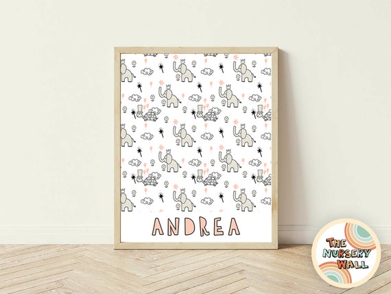 Custom Printable Name Wall Art Print Pink Grey Nursery Decor | Etsy