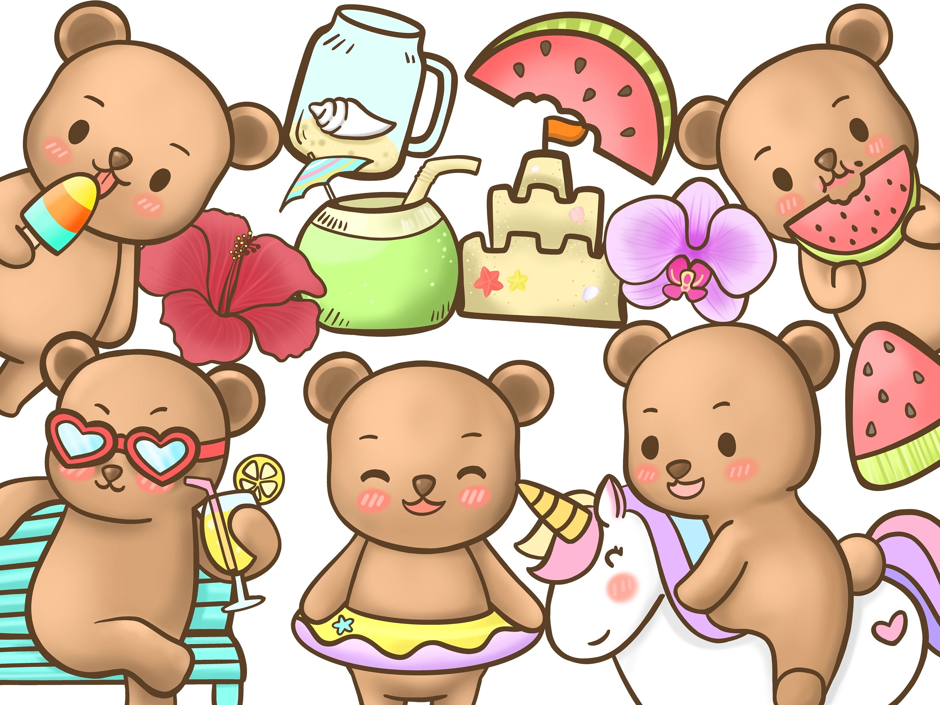Summer Teddy Bear Clipart Cute brown bear in beach summer | Etsy