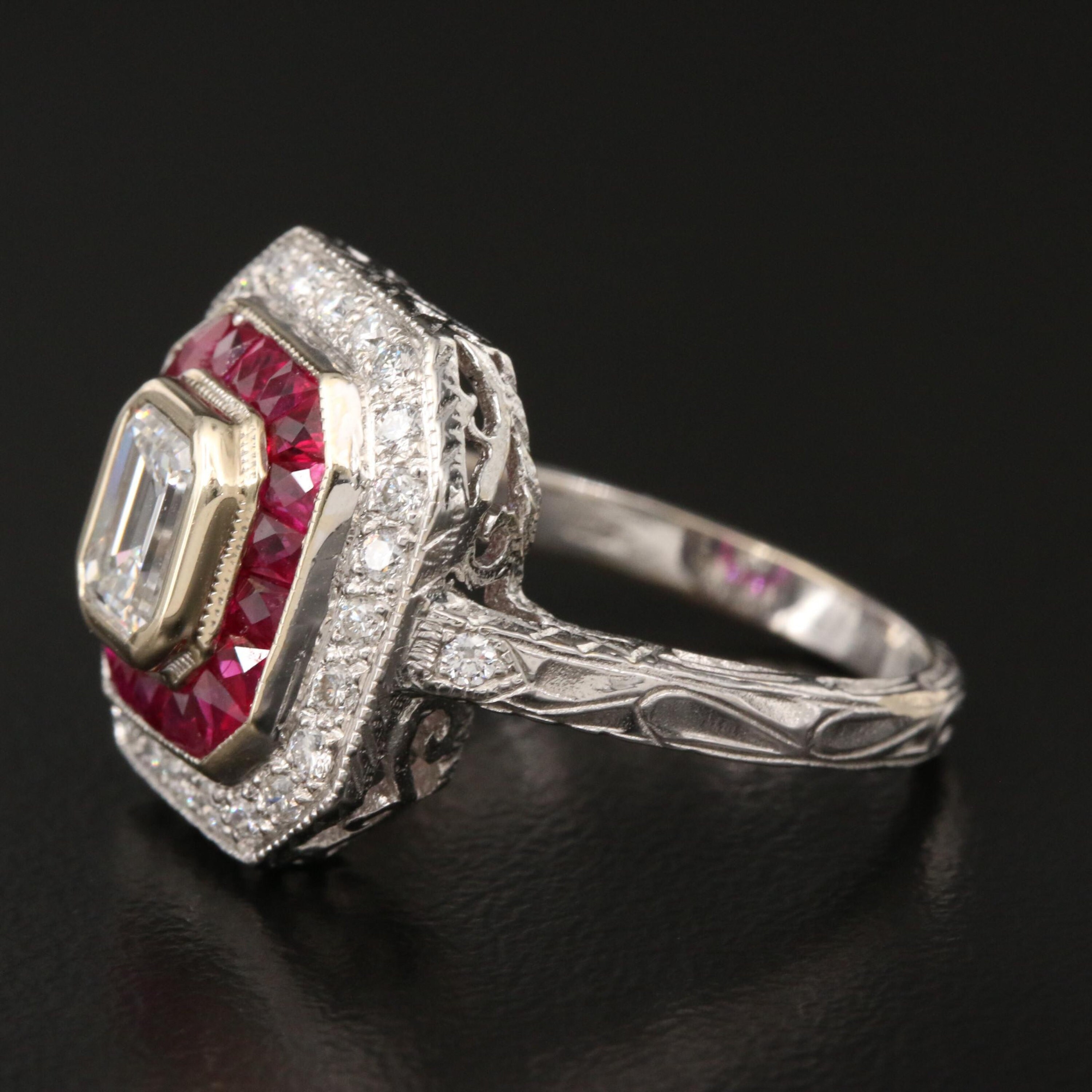 Art Deco Ruby Diamond Engagement Ring Unique Double Halo - Etsy