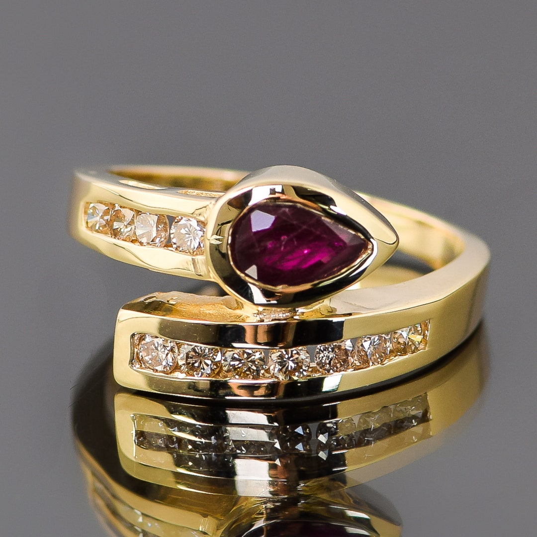 Pear Cut Vintage Ruby Engagement Ring Ruby Diamond Wedding Etsy
