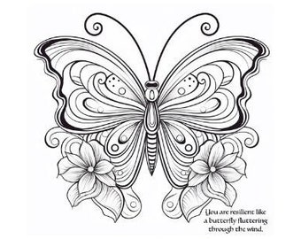 Butterfly and Flowers Coloring Page - Intricate Floral Line Art Digital ...