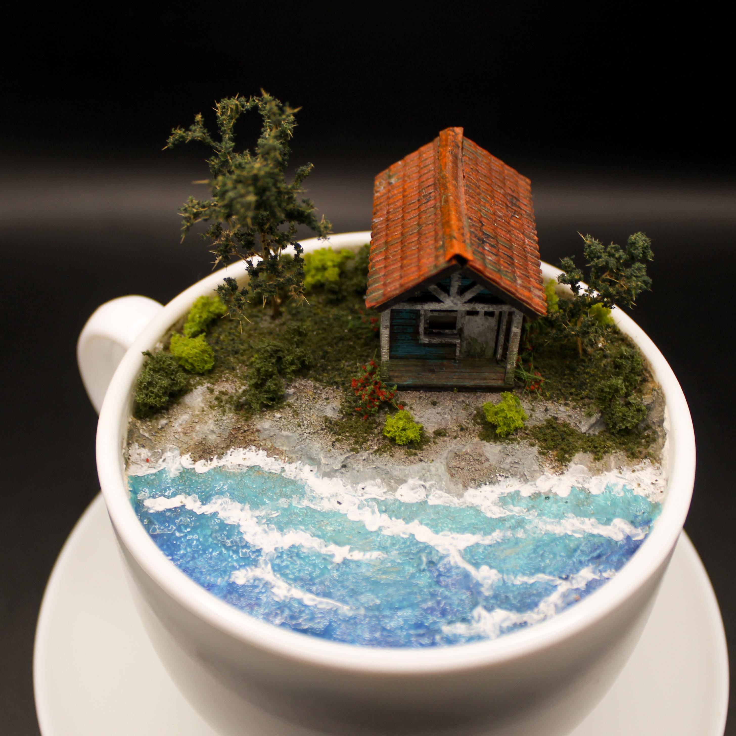 Enchanting Miniature Lake House Diorama in Coffee Cup: Handcrafted Tiny ...