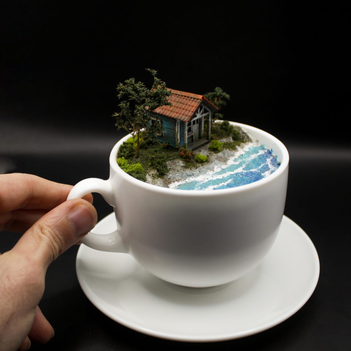 Enchanting Miniature Lake House Diorama in Coffee Cup: Handcrafted Tiny ...