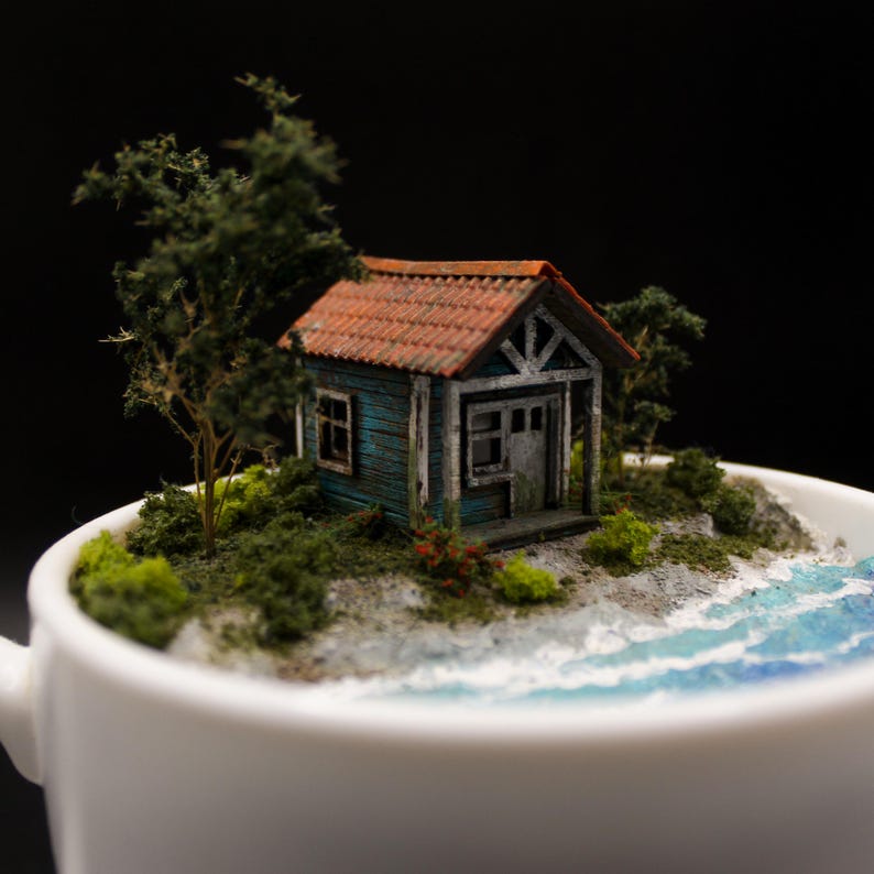 Enchanting Miniature Lake House Diorama in Coffee Cup: Handcrafted Tiny ...