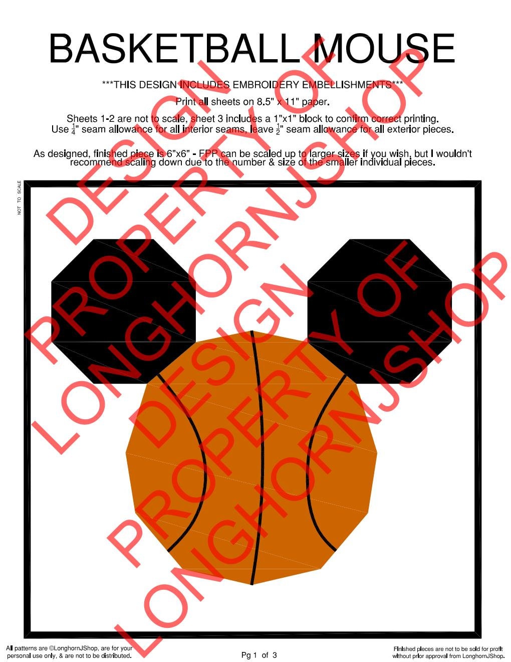 Basketball Mouse Head Foundation Paper Piecing DIGITAL PATTERN ONLY 6x6 ...