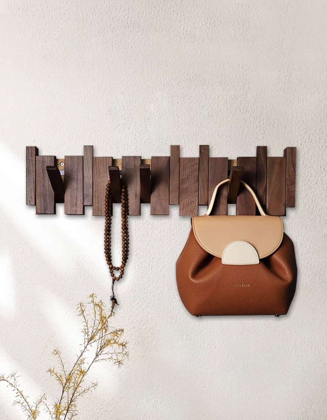 Walnut Wall Mount Coat Rack Wooden Hooks Nordic wabi Sabi Handmade ...