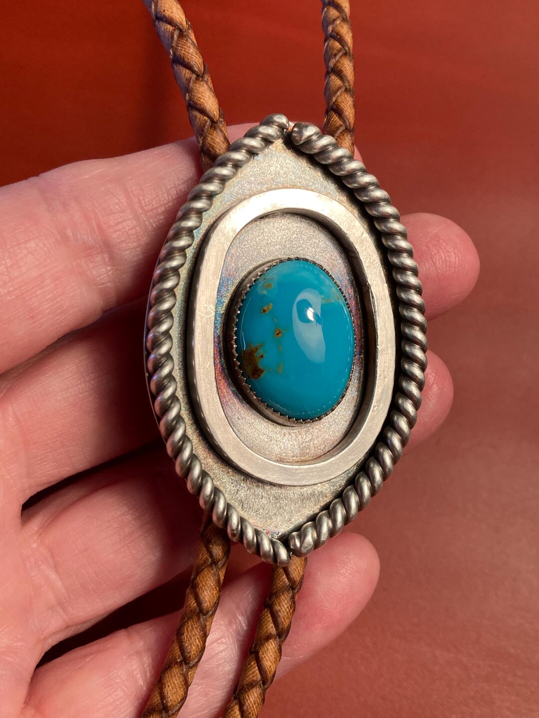 Kingman Turquoise in Sterling Silver Bolo Tie on Tan Braided Leather ...