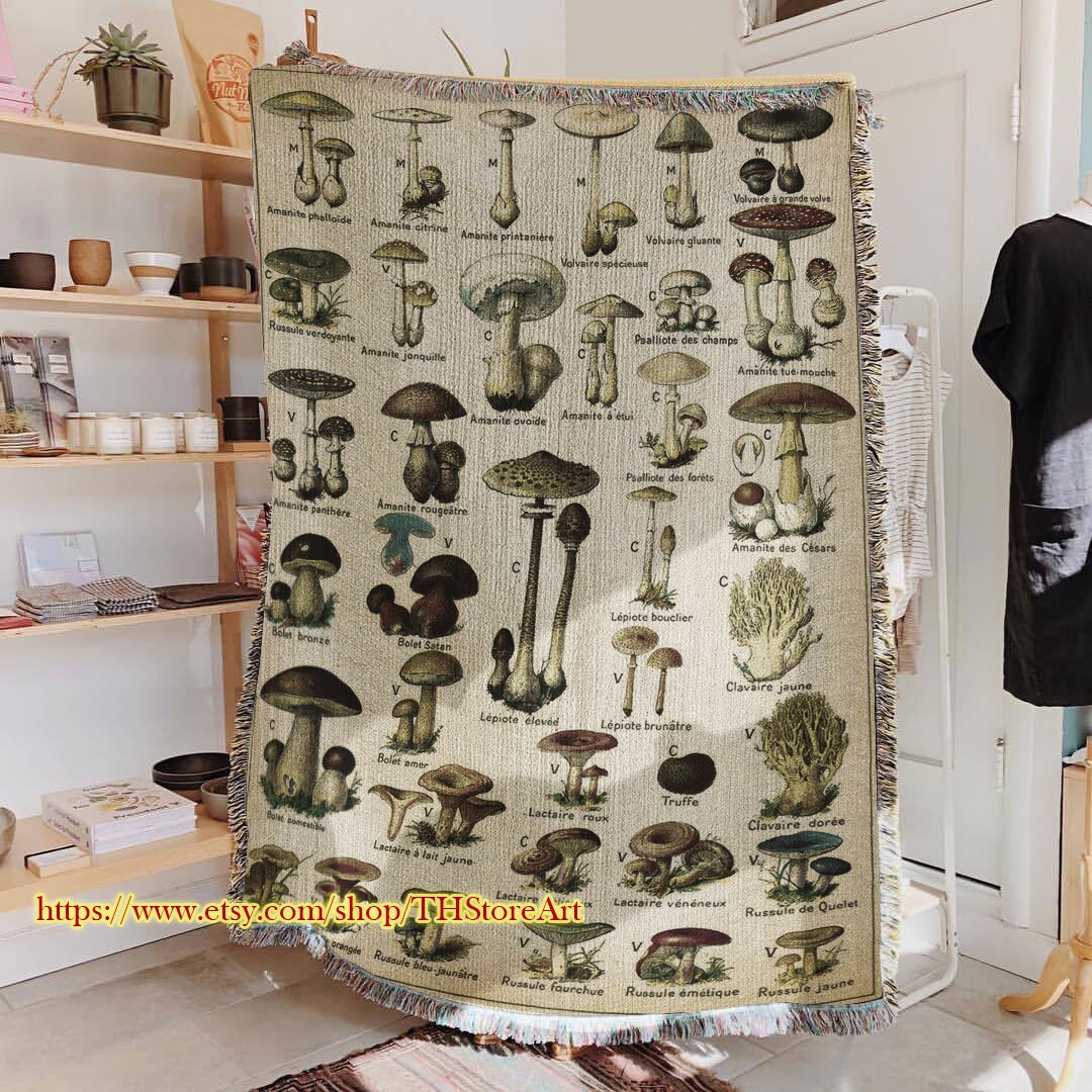 Mushroom Toadstool Blanket, Goblincore Botanical Blanket, Art Throw Blanket, Mushroom ...