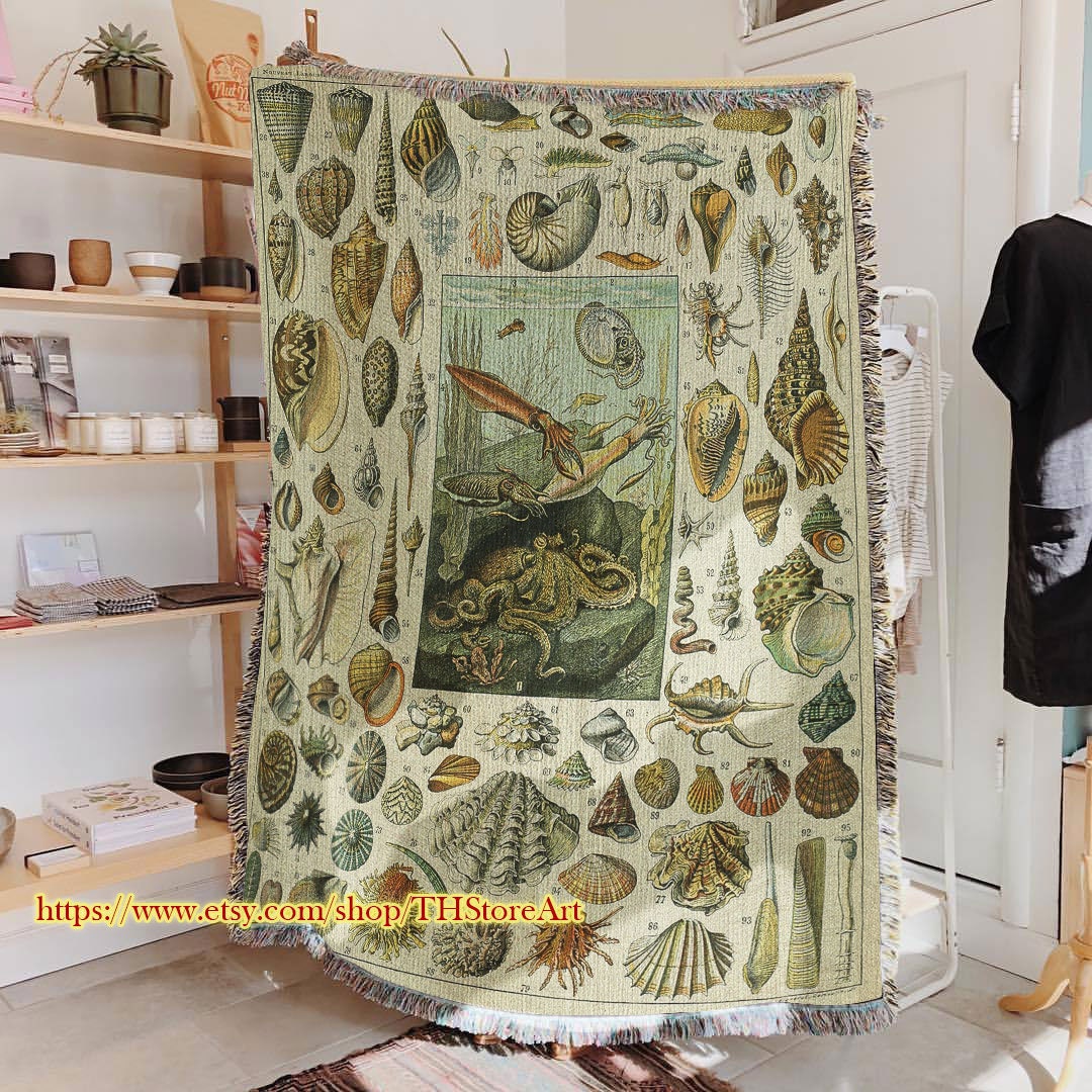 Mollusques Throw Blanket, Underwater Sea Creature Diagram Chart, Sofa ...