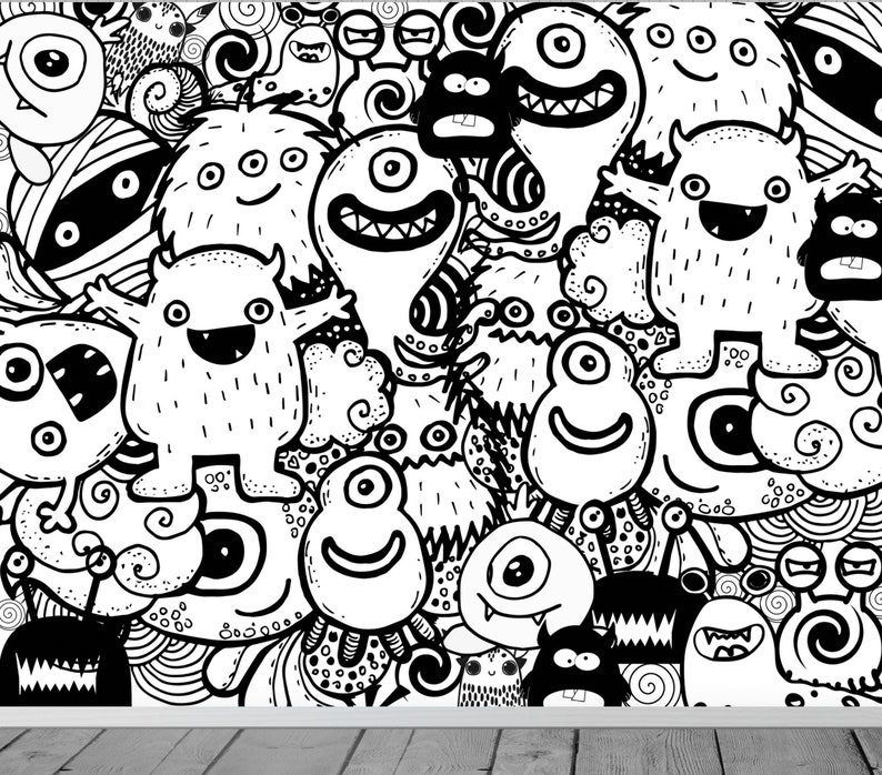 Monsters Doodle Doodles Abstract Modern Themed Wallpaper Mural Any Room ...
