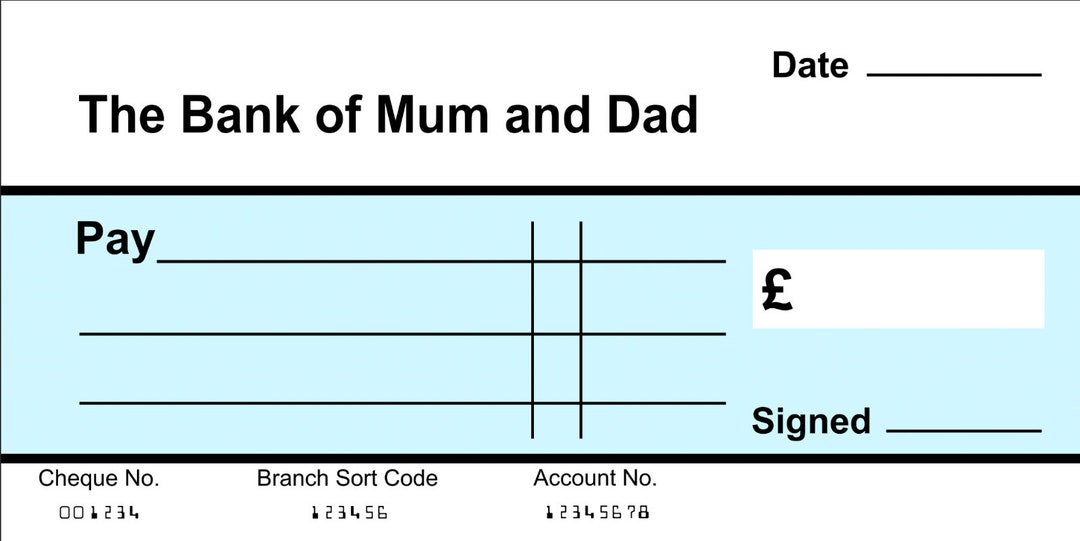 EXTRA Large Giant BLANK Cheque Bank of Mum & Dad Check Fun Joke Gift ...