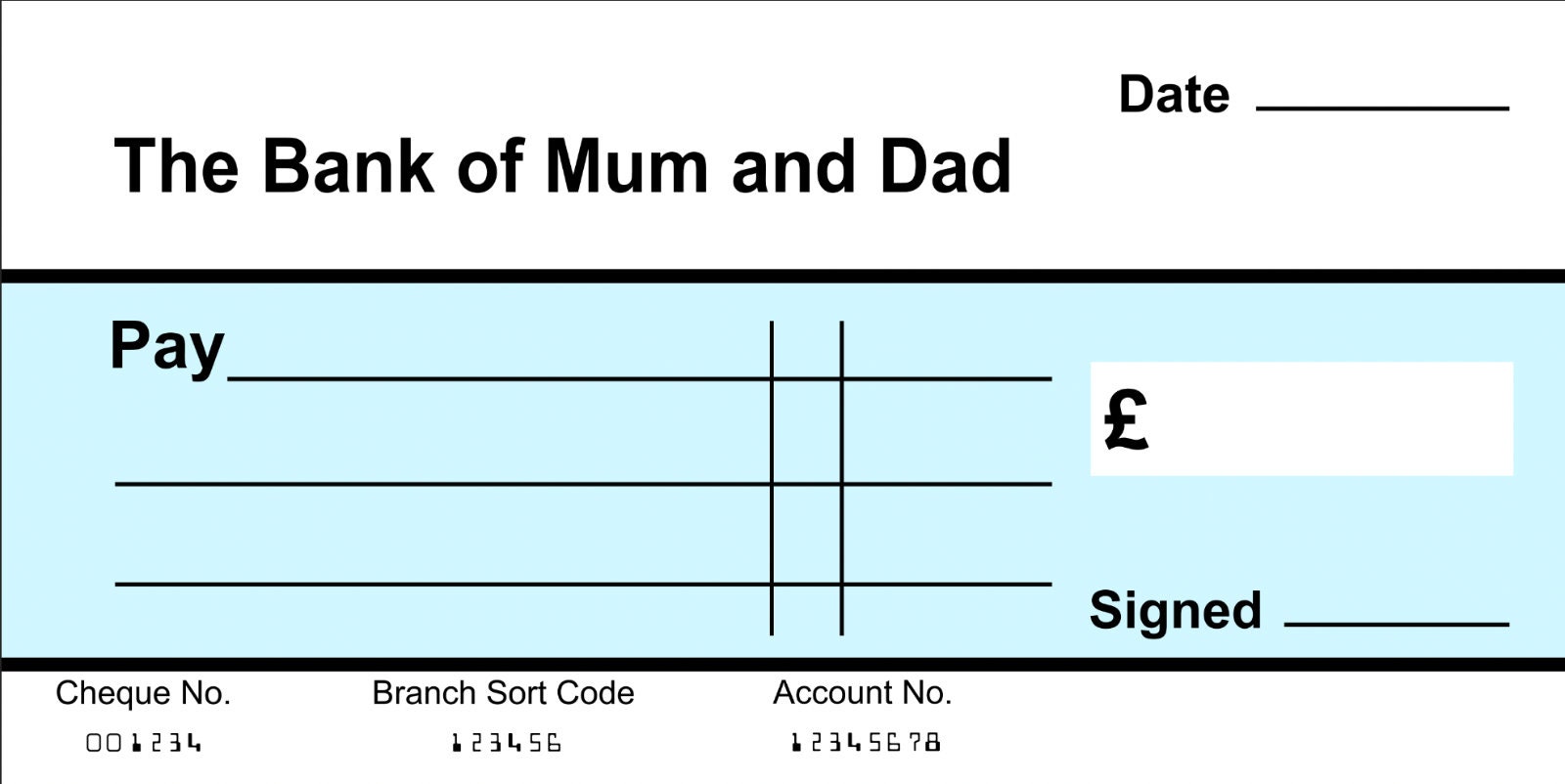 EXTRA Large Giant BLANK Cheque Bank Of Mum Dad Check Fun Joke Gift 