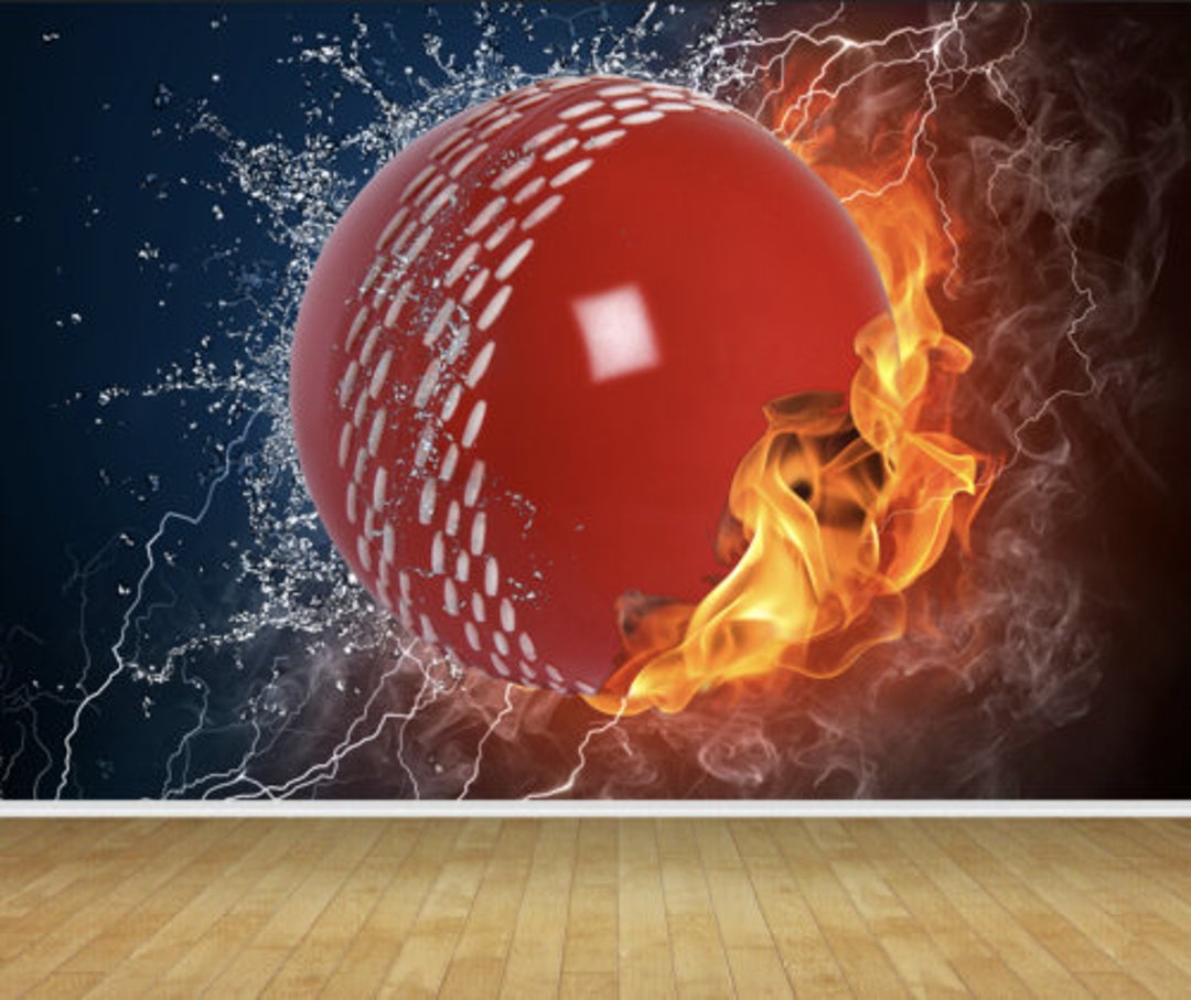Cricket Ball Sport Theme Ball Fire Wallpaper Mural Bedroom Playroom ...
