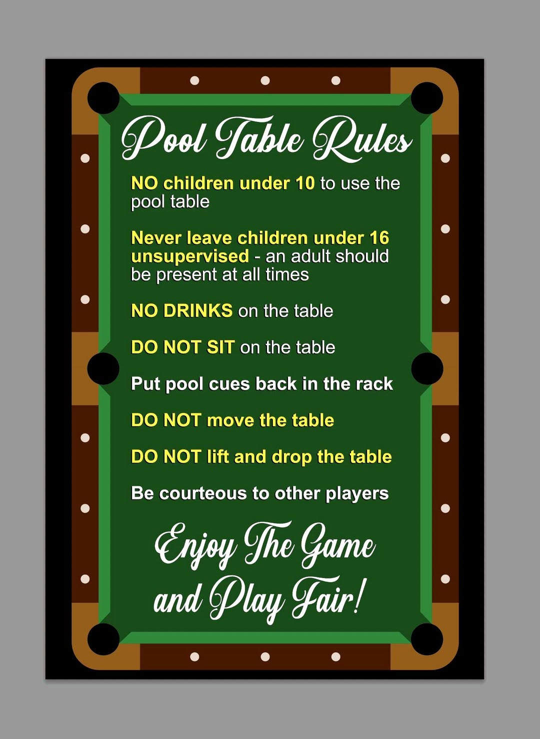 Pool Table Rules Billiards Rules Pub Club Etiquette Sign Notice Sticker ...