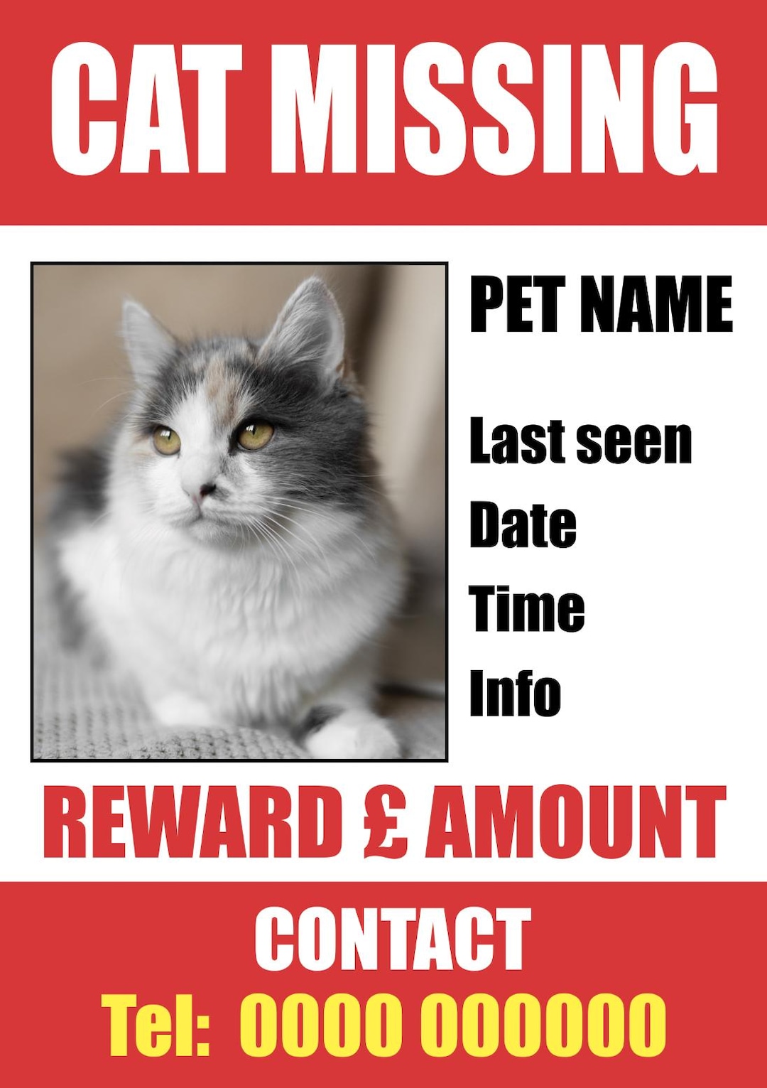 Missing Cat Reward Poster Sign Notice Personalised With Name Contact ...