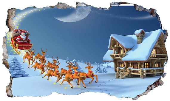 Large Christmas Scene Santa Santa Claus Reindeer Snow Tree - Etsy