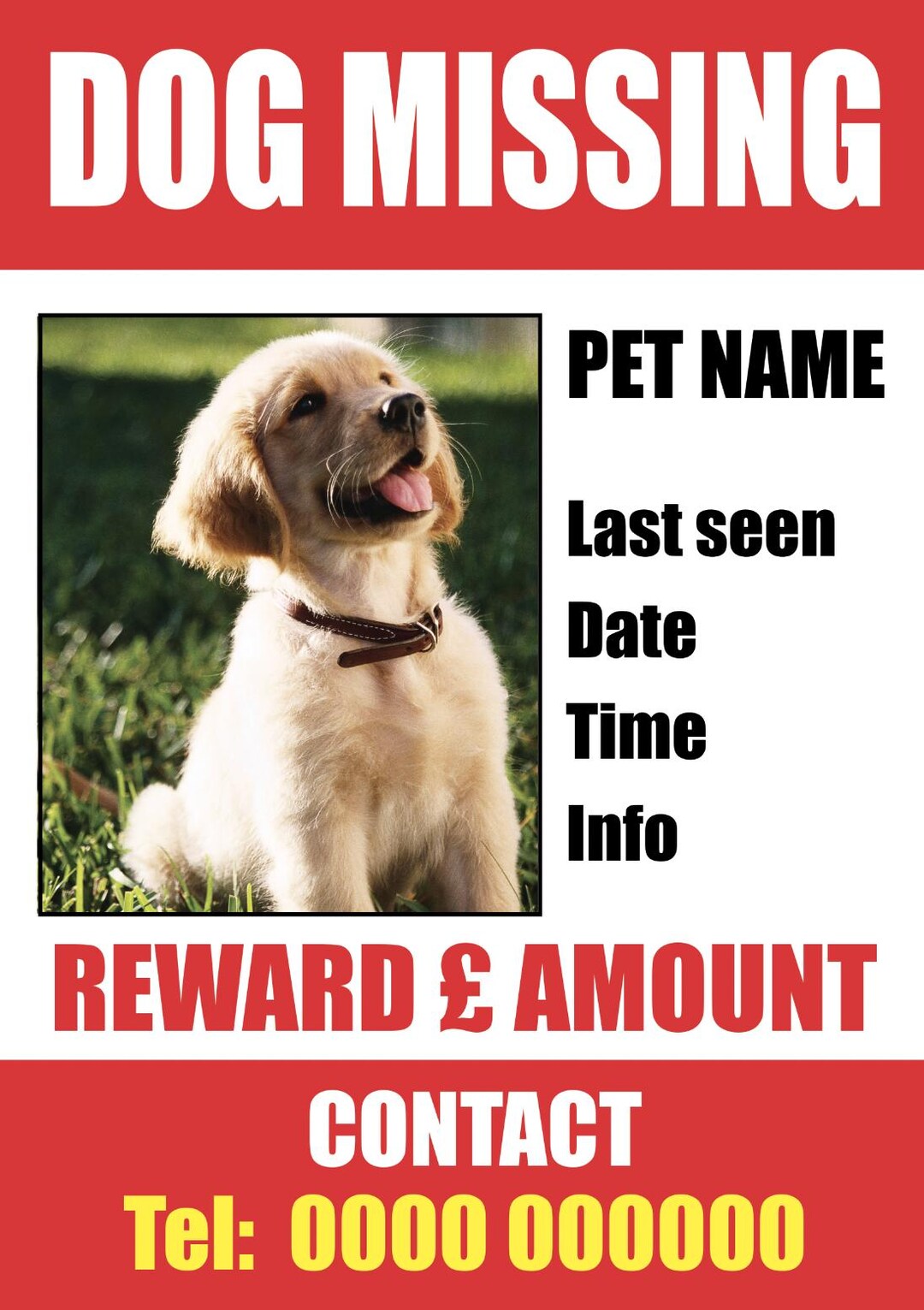 Missing Dog Reward Poster Sign Notice Personalised With Name Contact ...