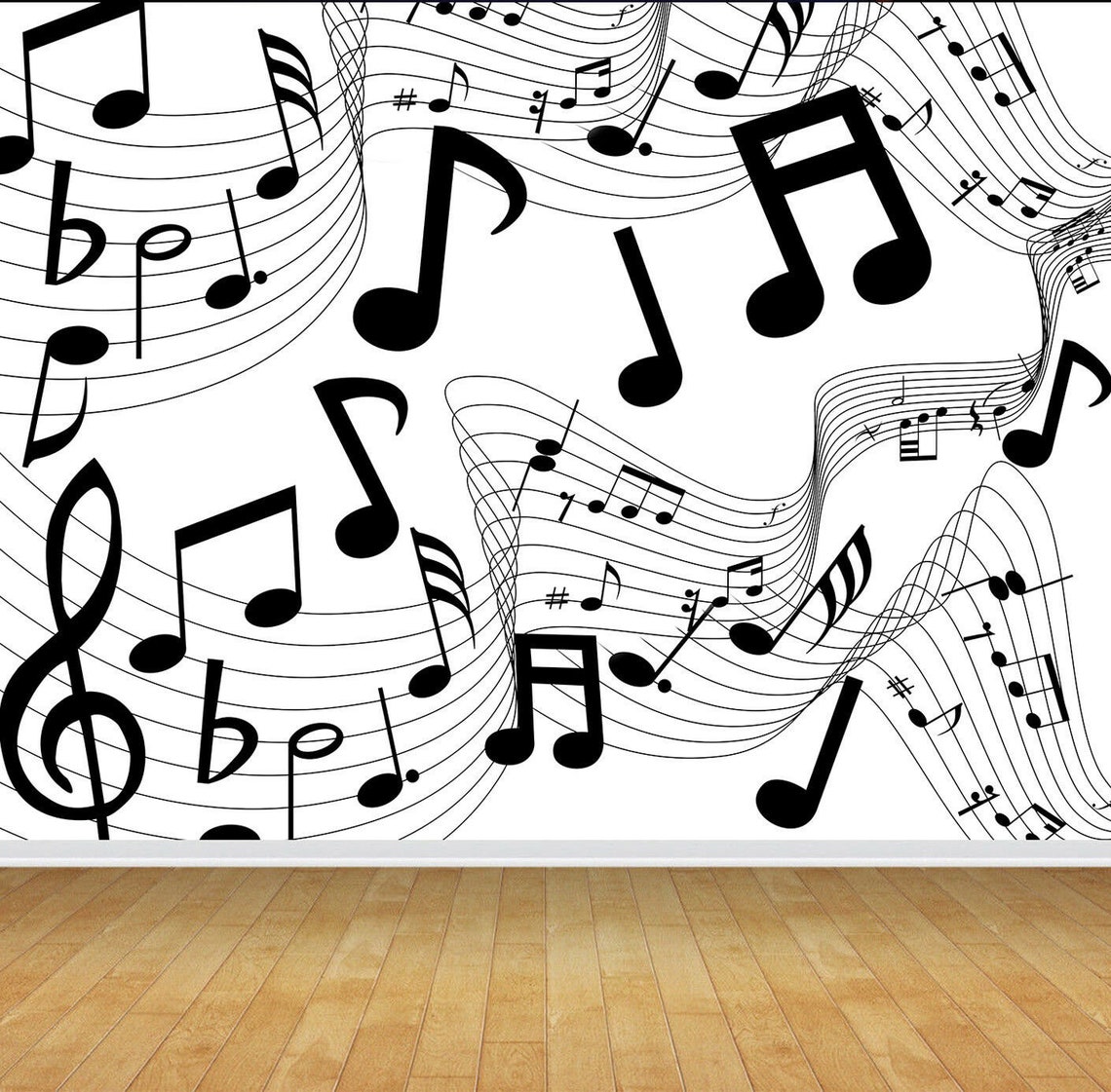 Music Room Musical Notes Theme Black White Wallpaper Mural Bedroom ...