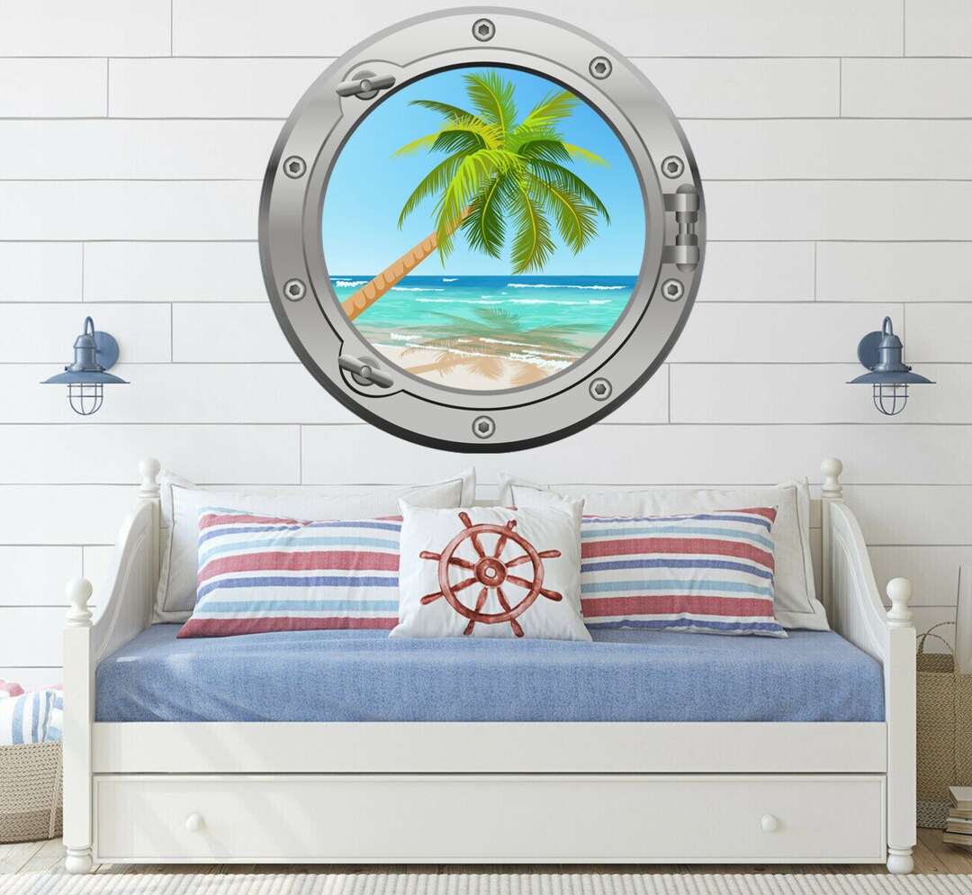Large Beach Sea Paradise Palm Tree Animated Port Hole Silver Gold ...