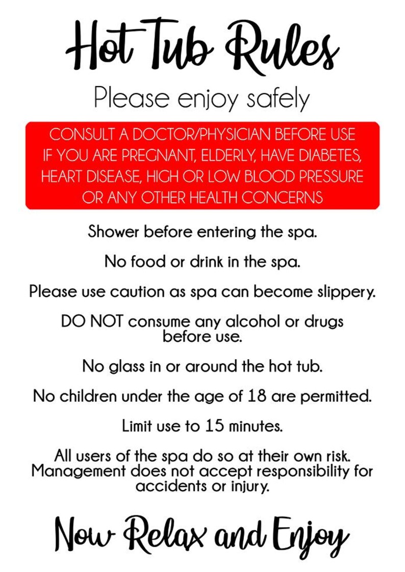 Hot Tub Jacuzzi Spa Health Centre Health & Safety Rules Guidelines for ...