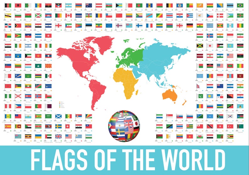 World Map Flags of the World Continents Geography Large Small Poster ...