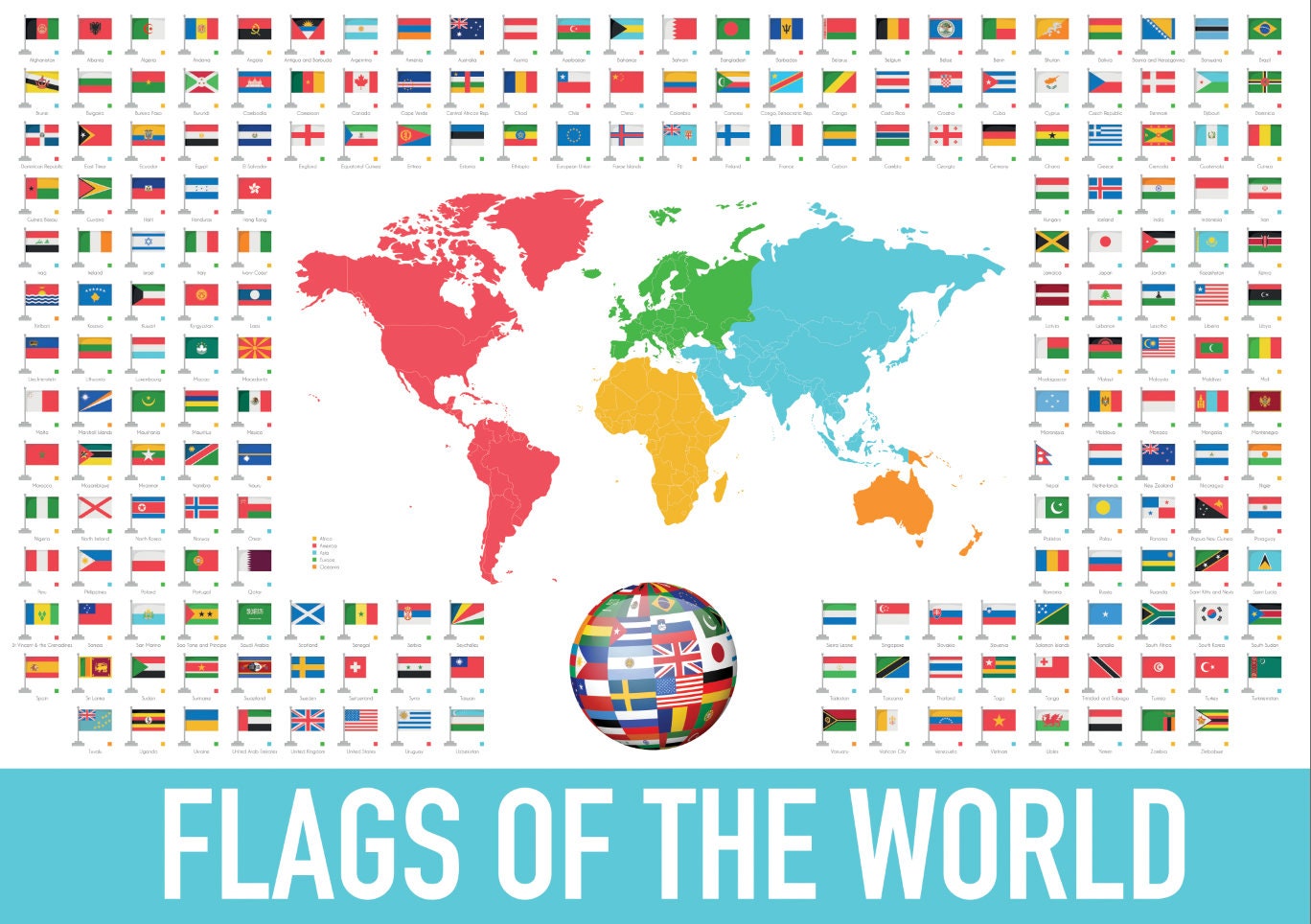 World Map Flags of the World Continents Geography Large Small Poster ...
