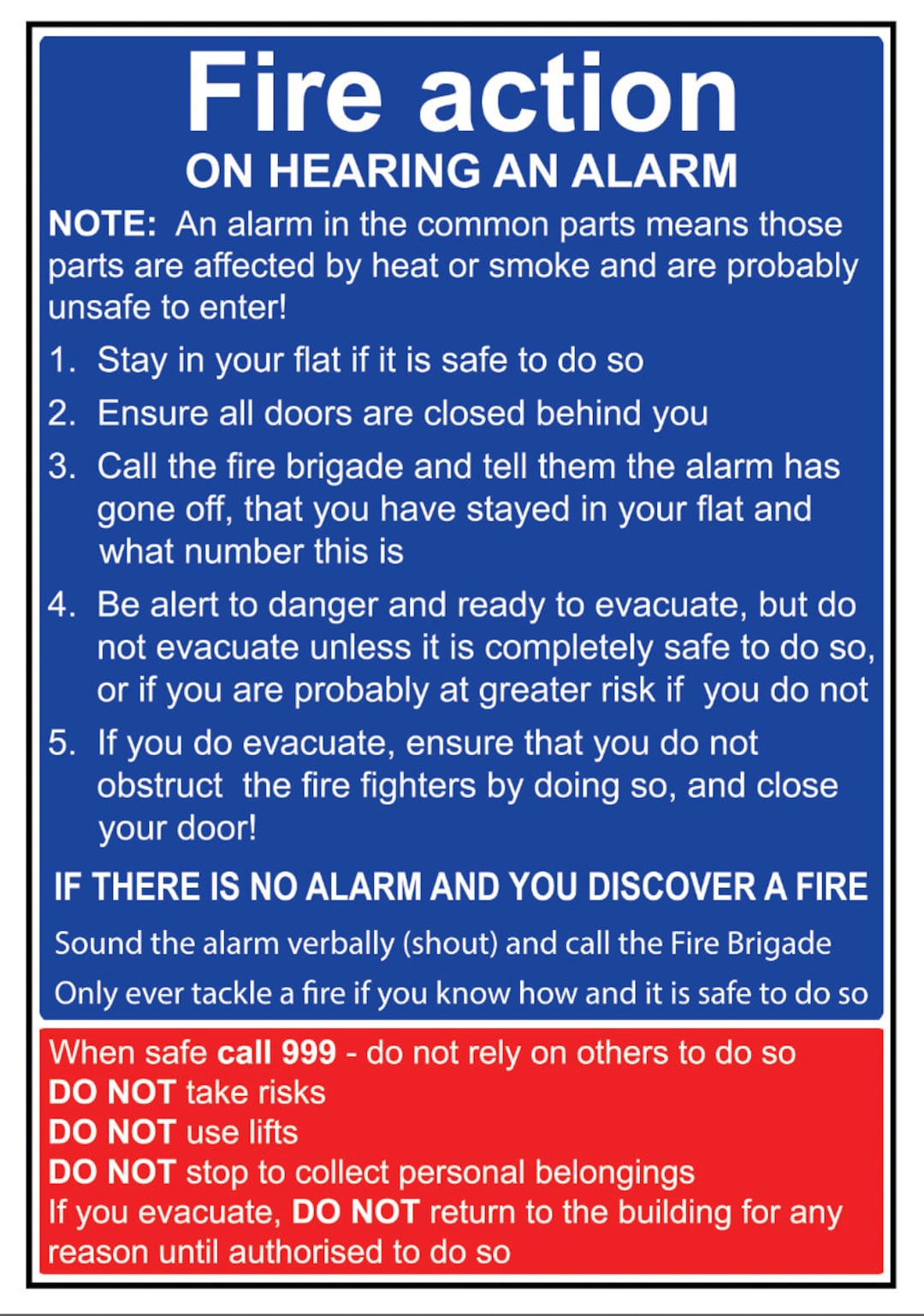 Small Large Poster Fire Safety Fire Action Procedures Safety for Flats ...