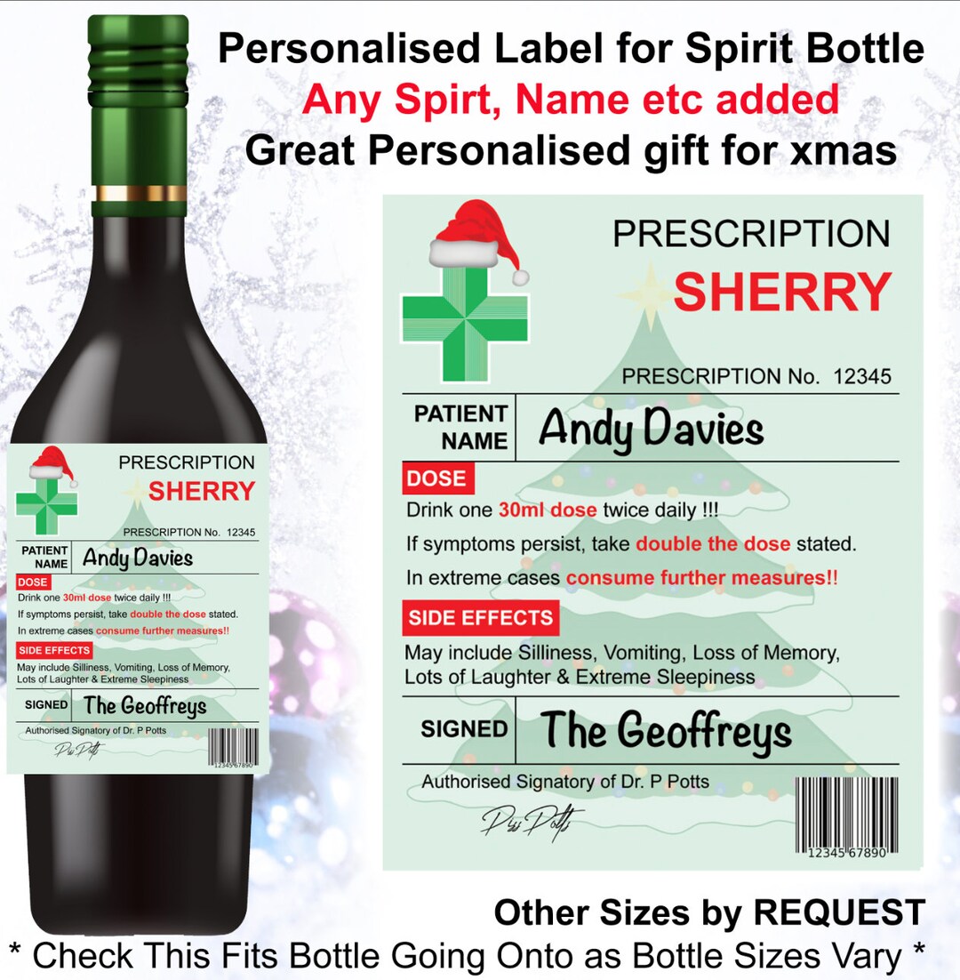 Bespoke Name Any Text Personalised Christmas Xmas Prescription Sherry ...
