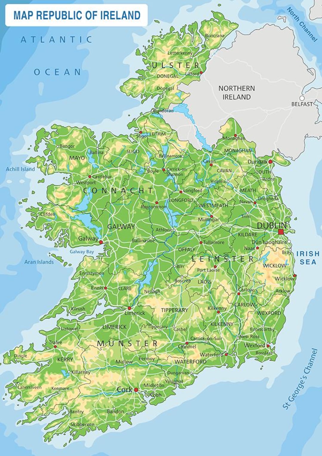 Detailed Map ROI Republic of Ireland Geography Learning Educational ...