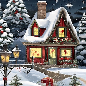 Santa Grotto Christmas House Snow Trees Paint Effect Vintage Theme ...