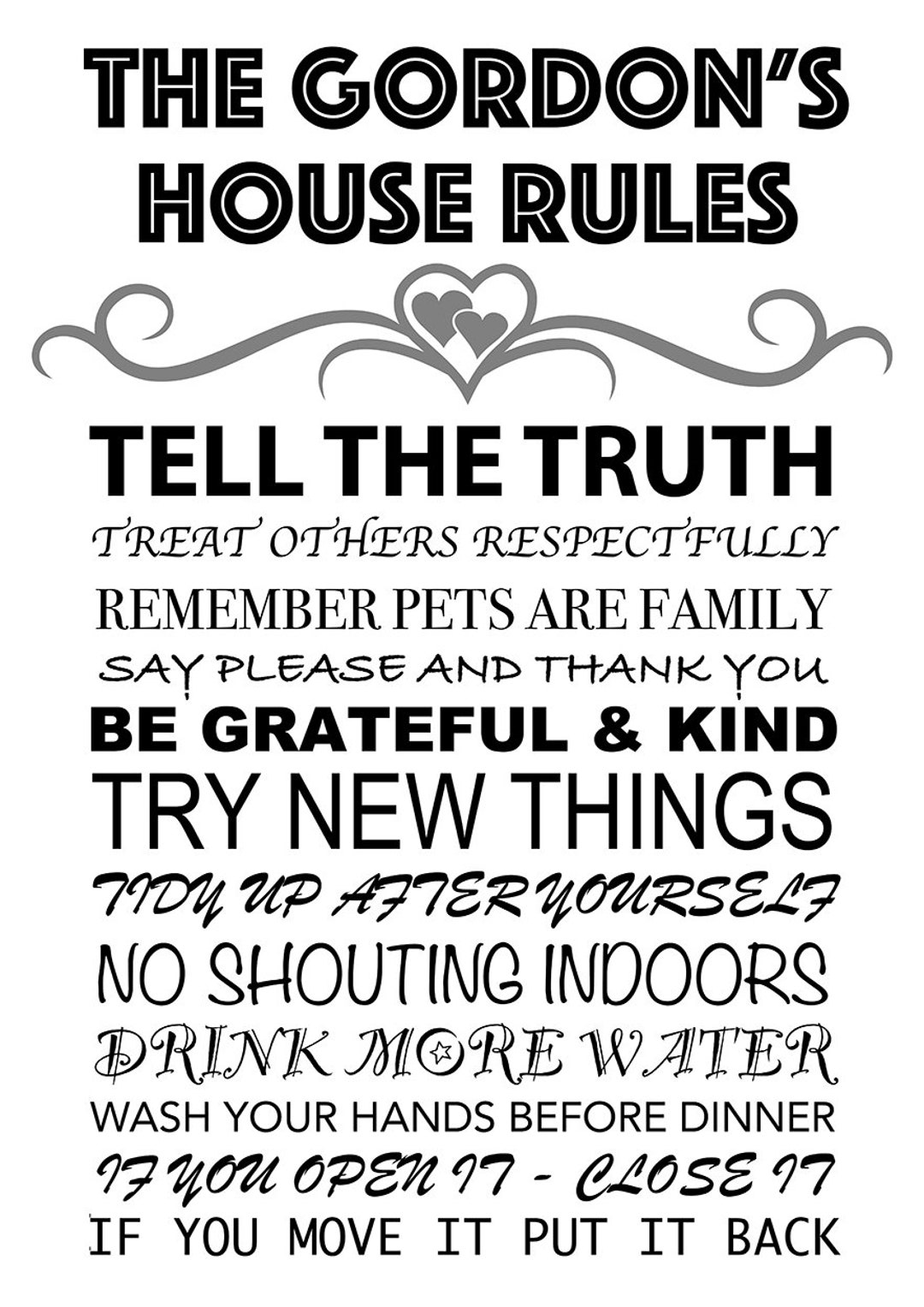 Personalised Text Bespoke Wording Family House Rules Home Rules Bespoke ...