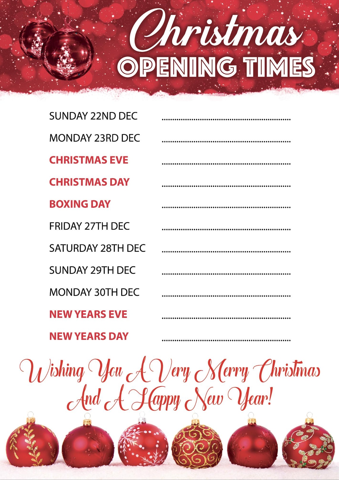 Laminated Christmas New Year Opening and Closing Times Hours Sign ...