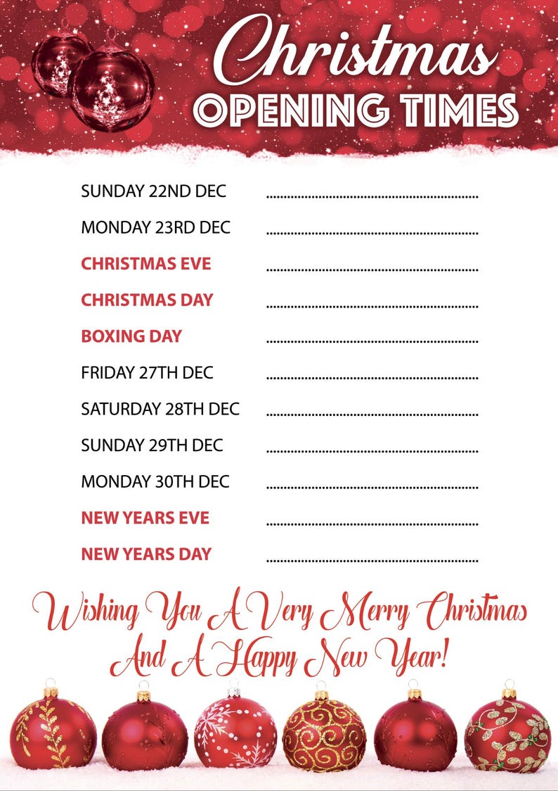 Laminated Christmas New Year Opening and Closing Times Hours Sign ...