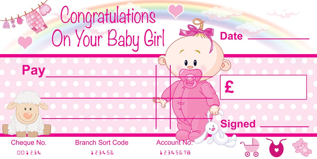 EXTRA Large Giant BLANK Cheque Birthday New Born Baby Girl Christening ...