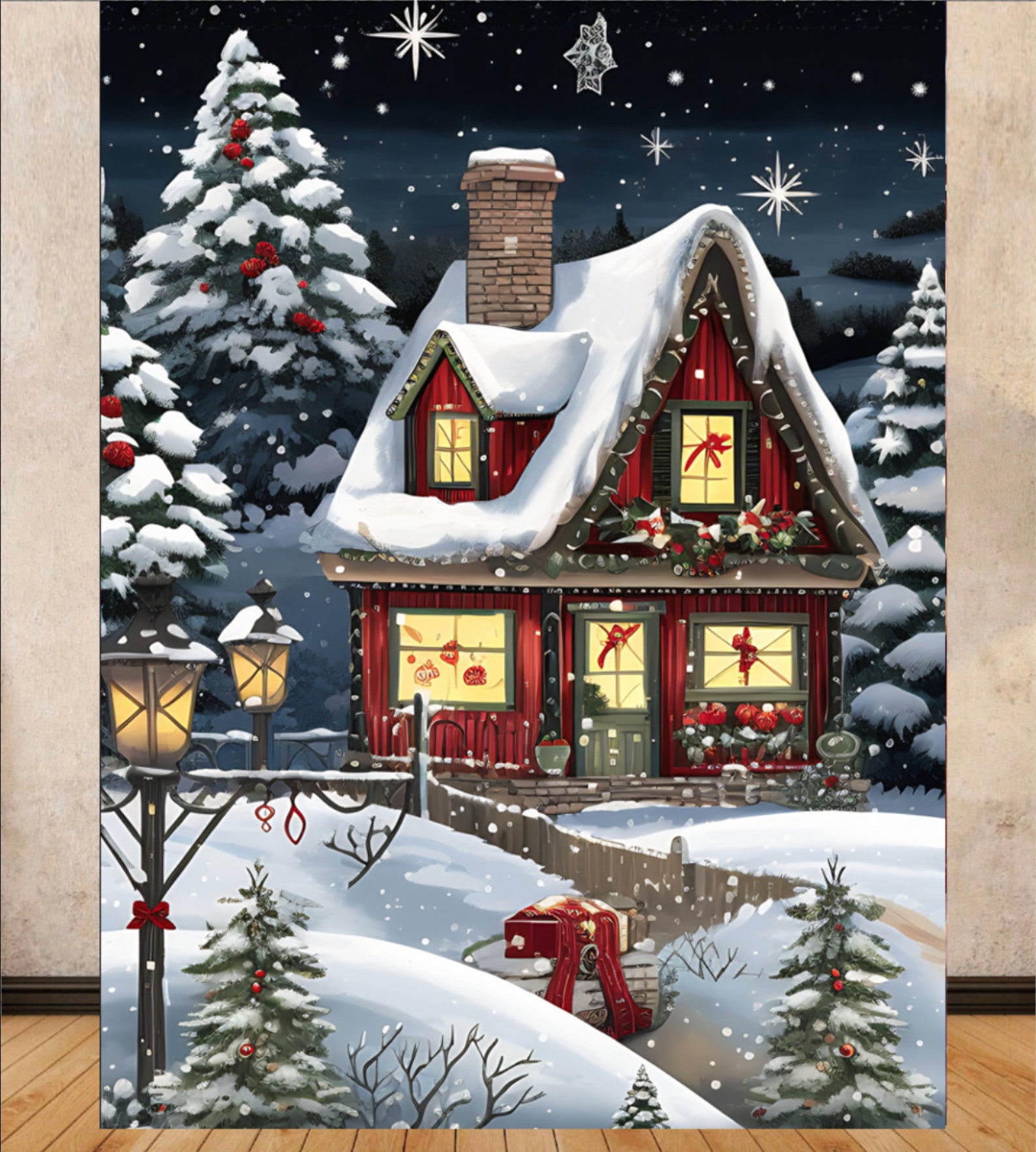 Santa Grotto Christmas House Snow Trees Paint Effect Vintage Theme ...