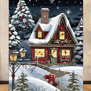 Santa Grotto Christmas House Snow Trees Paint Effect Vintage Theme ...