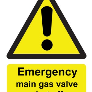 Emergency Gas Mains Valve Shut off Safety Yellow Warning Notice Sign ...