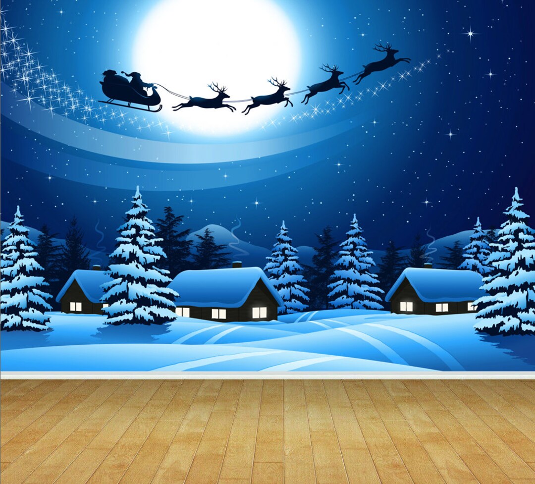 Christmas Santa Reindeer Snow Tree Wallpaper Mural for Room Grotto ...