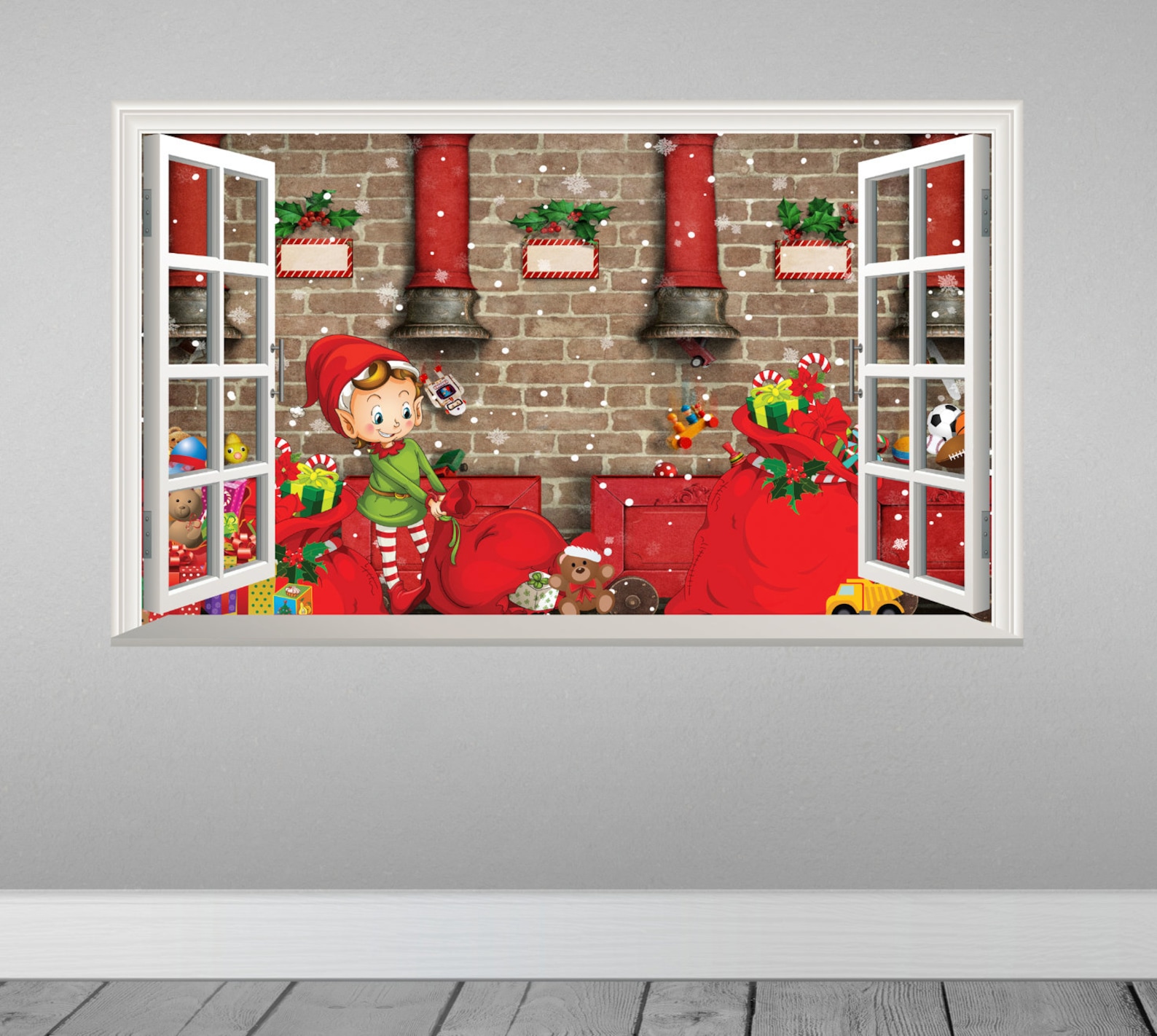 Christmas Scene Santa Santa's Workshop Window Father Christmas Elves ...