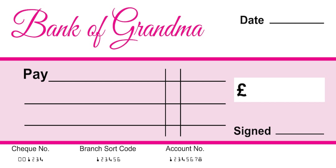 EXTRA Large Giant BLANK Cheque Bank of Grandma Check Fun Joke Gift ...