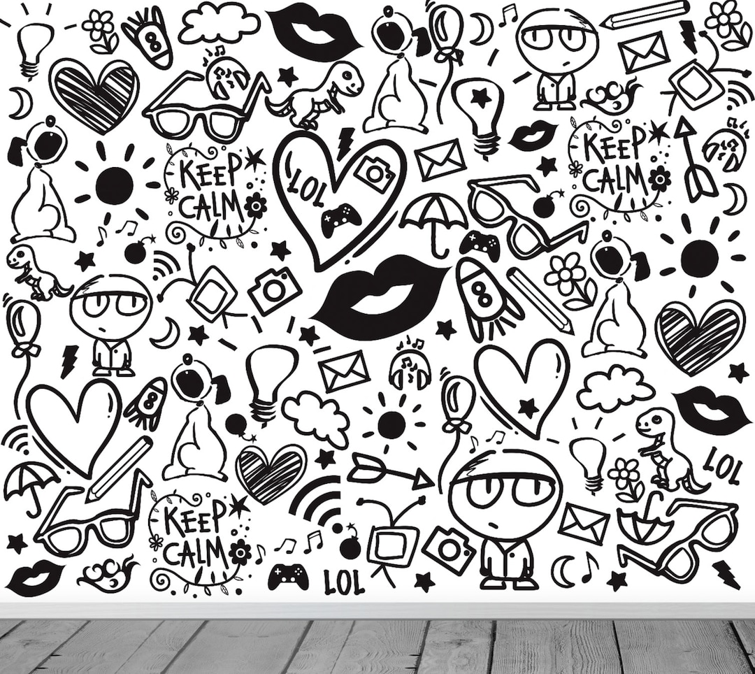 Doodle Doodles Abstract Modern Black White Themed Wallpaper Mural ...