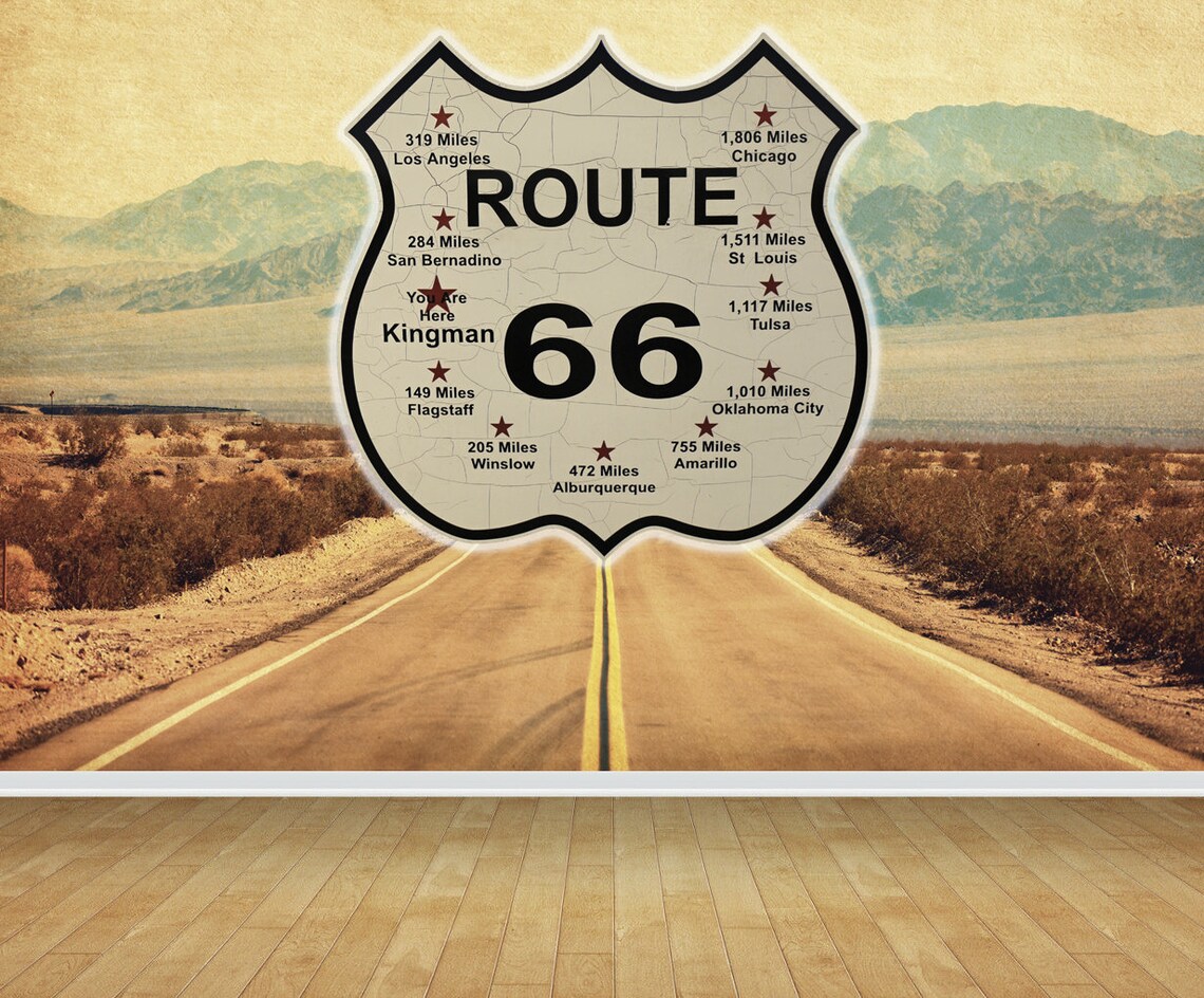 USA Route 66 Map Sign Logo Large Wallpaper Mural Bedroom Playroom Games ...