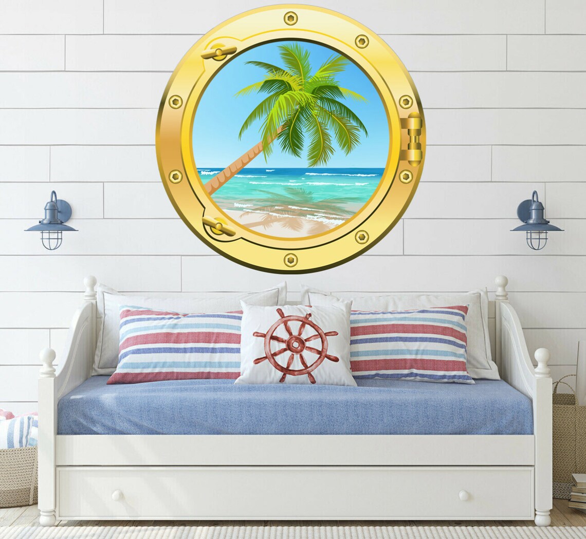 Large Beach Sea Paradise Palm Tree Animated Port Hole Silver Gold ...